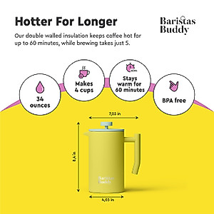 BaristasBuddy Yellow French Press Coffee Maker - Colorful, Retro And Stylish Insulated Coffee Brewer - Large Size Brews 4 Cups