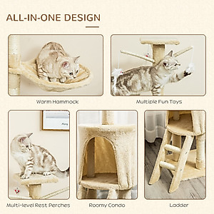 PawHut 53" Plush Sturdy Interactive Cat Condo Tower Scratching Post Activity Tree House - Beige