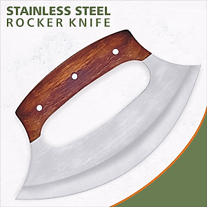 HUNTLUX Stainless Steel Alaskan Ulu Knife With Stand, 6.7" Perfect Pizza Cutter Rocker Knife, Mezzaluna Chopper Knife for Kitchen, Authentic Inuit Eskimo Design, Non-Slip Handle