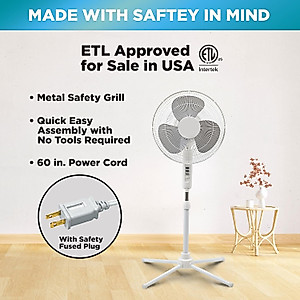 EZ-CHILL 16” Oscillating Pedestal Fan, 3-speed Options, 90-Degree Oscillating Head, Adjustable Height and Tilt, Powerful Air Flow, Black, MTFS-16B-BLK