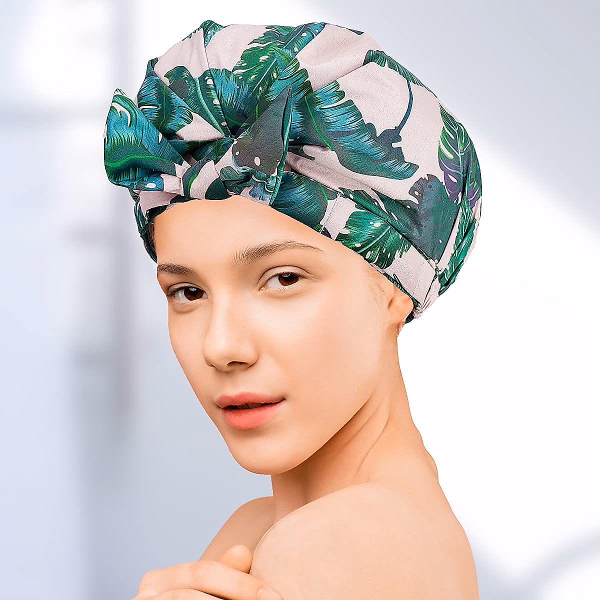 Auban Shower Cap Reusable,Ribbon Bow Bath Cap Oversized Large Design With Waterproof Exterior for All Hair Lengths,Great for Girls Spa Home Use,Hotel and Hair Salon (Green)