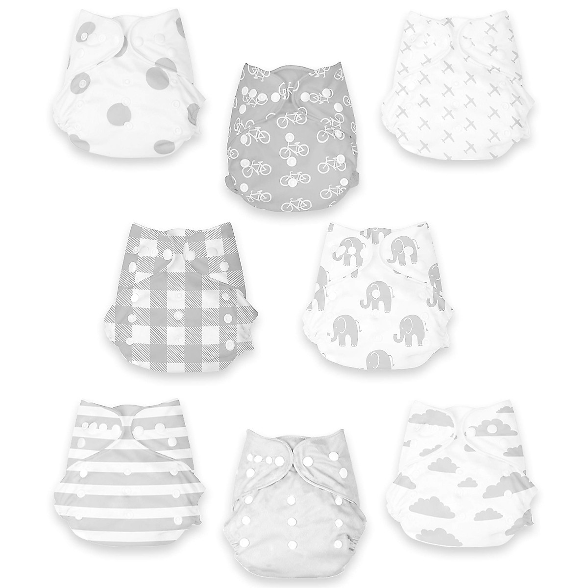 Grey Ground Bicycles Cloth Diapers (Updated Quality) – 8 Reusable Cloth Diapers for Babies with 8 Cloth Diaper Inserts – Extra Leg Lining for Boys and Girls