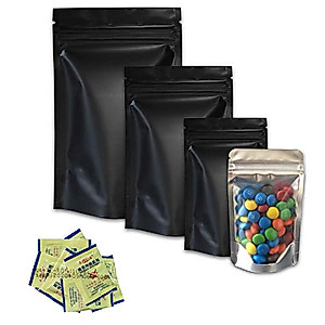 Smell Proof Can Resealable Smell Proof Bags Mylar Bags with Oxygen Absorbers Pack Resealable mylar bags Resealable bags Mylar Ziplock Bags Food Storage Packaging 4 different sizes 150 pieces (Black)