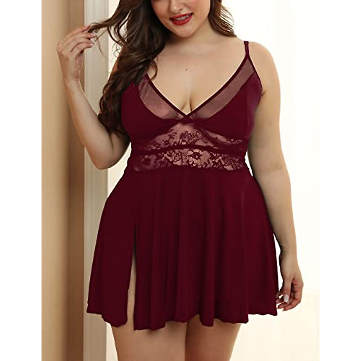 XAKALAKA Women's Plus Size Lingerie Babydoll Front Slit Lace Mesh Chemise Sleepwear Wine XL