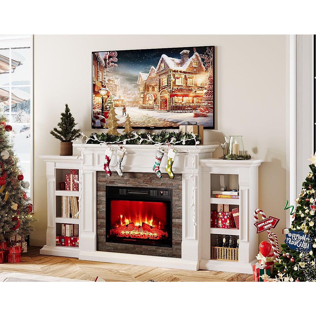 Naice 70" Electric Fireplace with Mantel and Cabinets, Fireplace TV Stand for Living Room Bedroom, Stacked Stone Surround and Remote Control 3D Realistic Flame, White
