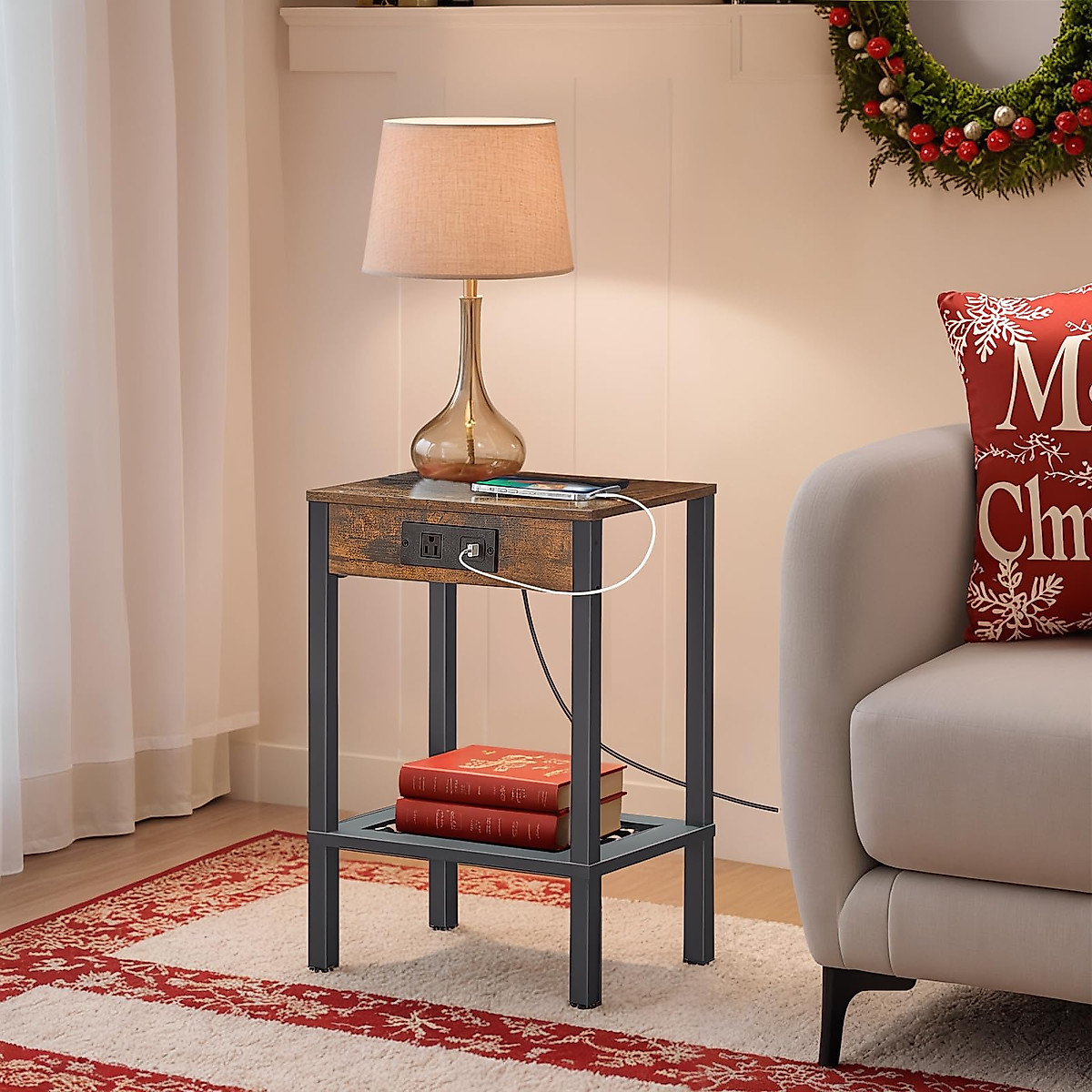 HOOBRO Side Table with Charging Station, Set of 2 End Tables with USB Ports and Outlet, Nightstand with 2-Tier Storage Shelf, for Living Room, Bedroom, Small Space, Rustic Brown and Black BF91UBZP201