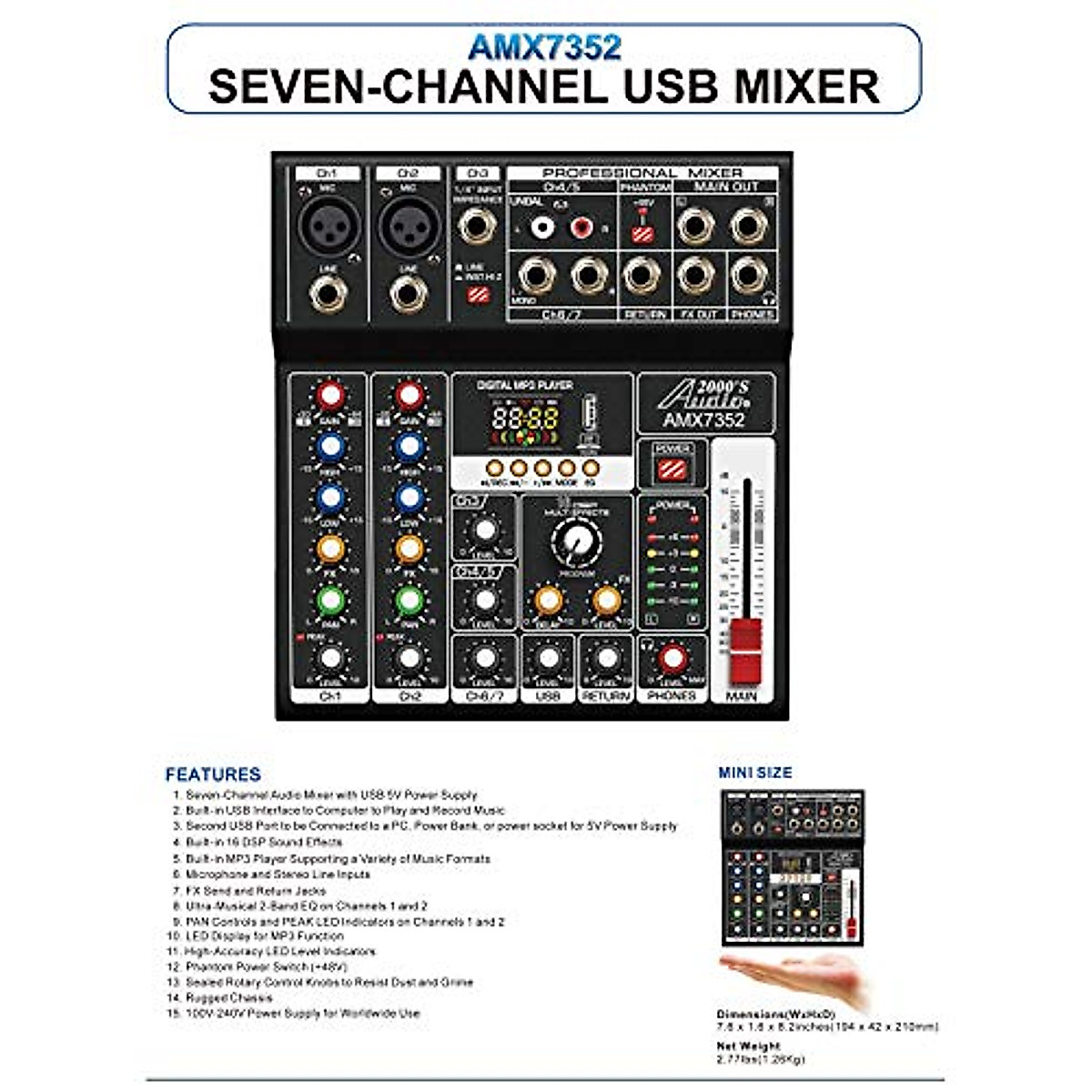 Audio2000'S AMX7352 Seven-Channel Audio Mixer with USB 5V Power Supply, USB Interface, and Sound Effect