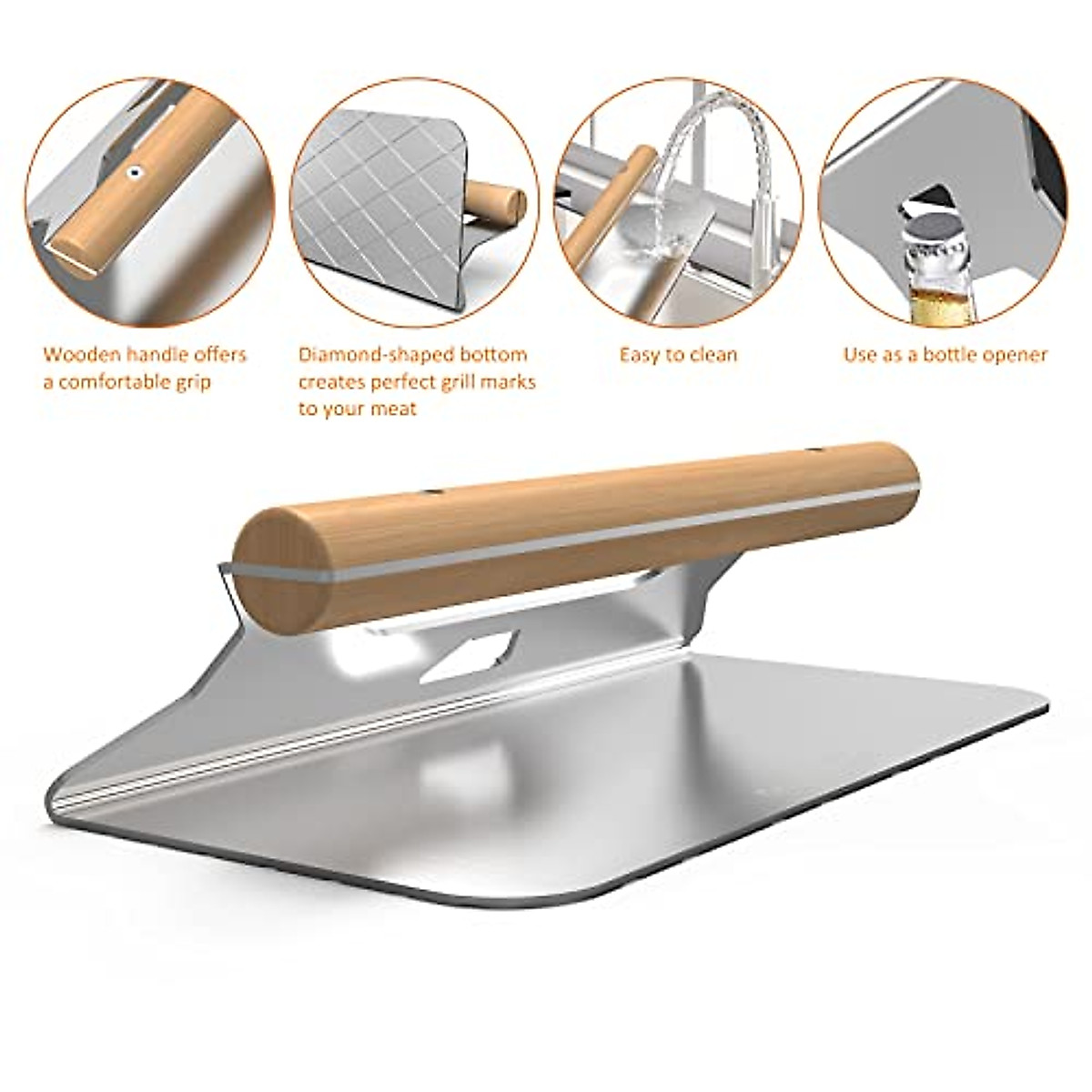 Onlyfire Chef Barbecue Tool Stainless Steel Burger Press for Griddle, Smash Burger Press with Wooden Handle for Flat Top Grill Cooking, Great for Cooking Bacon, Sandwiches, Meat, Steak