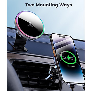 MOKPR for Magsafe Car Mount Charger-15W Wireless Car Charger-Magnetic Car Phone Holder for Dash Air Vent-LED RGB HandsFree Car Mount Fast Car Charger for iPhone 15/14/13/12 Series