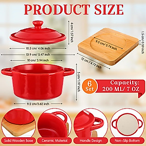 Mimorou 6 Set 7 oz Ceramic Mini Cocotte Set with Lid and Wooden Base Pumpkin Bowl Set with Handle Ceramic Soup Bowls Baking Ramekins Round Casserole for Home Thanksgiving Pumpkin Dish (Colorful)