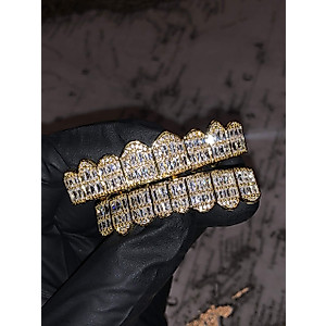 14k Iced Baguette Set 8 Teeth Joker Gold Grillz for Mouth Top Bottom Hip Hop Teeth Grills for Teeth Mouth Grillz for Mouth Top Bottom (Gold)