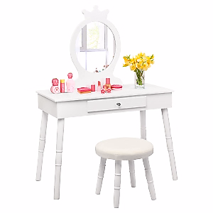 HOMGX Kids Vanity Set, Princess Beauty Dressing Wooden Table and Chair Vanity Set, Little Girls Pretend Makeup Play Set with Crown Mirror & Cushioned Stool, Children’s Room Furniture (White)