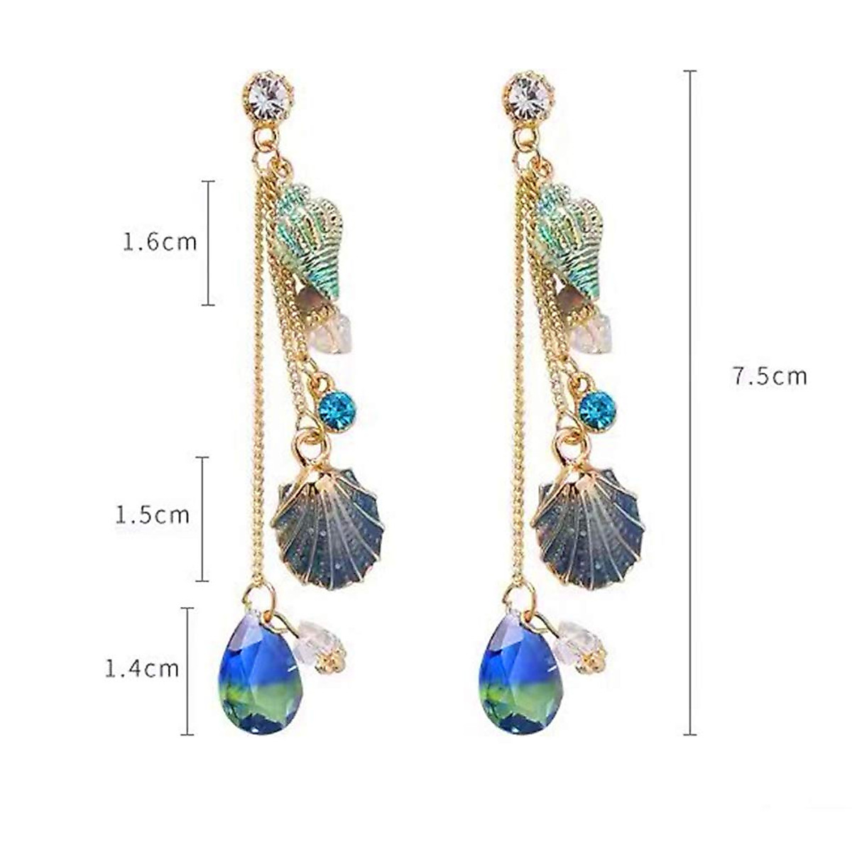 DAMLENG Sparkly Bohemia Long Tassel Blue Ocean Shell Dangle Earrings Shine Rhinestone Scallop Beach Earrings for Women Charm Statement Colorful Crystal Jewelry (Blue)