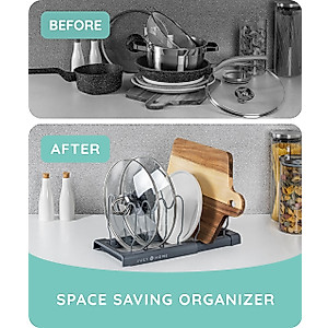 JULY HOME Expandable Pot and Pan Organizer Rack for Cabinet, Pot Lid Organizer Holder with 7 Adjustable Compartments, Cutting Board, Cookware, Bakeware & Frying Rack Organizer for Cabinet (Gray)