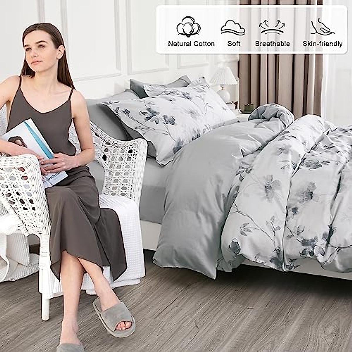 PHF 100% Cotton Printed Duvet Cover Queen Size, 3 Pieces Soft Breathable Duvet Cover Set for All Season, Stylish Floral Pattern Smooth Comforter Cover with 2 Pillow Shams, 90" x 90", White Grey-Floral