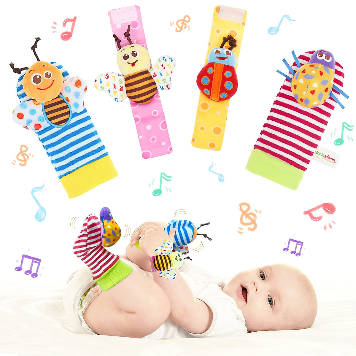 Soft Baby Rattle Toys, Wrist Rattle Foot Sock Rattles, Hand Arm Leg Ankle Handheld Rattles for Infants, Sensory Plush Animal Toys for Newborn Baby Girls and Boys (A4)