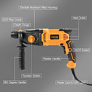 VEVOR 1 Inch SDS-Plus Rotary Hammer Drill, 8 Amp Corded Drills, Heavy Duty Chipping Hammers w/Safety Clutch, Electric Demolition Hammers, Taladro Rotomartillo, Power Tool For Concrete