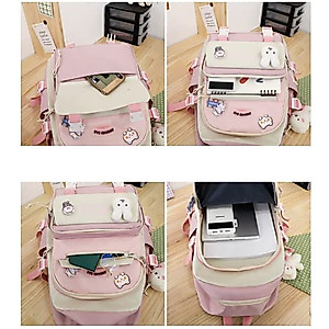Kawaii Anime Canvas School Backpack 5Pcs Combo Set with Cute Bear Pendant and Pins Aesthetic Essential Kit Laptop Schoolbag (Pink)