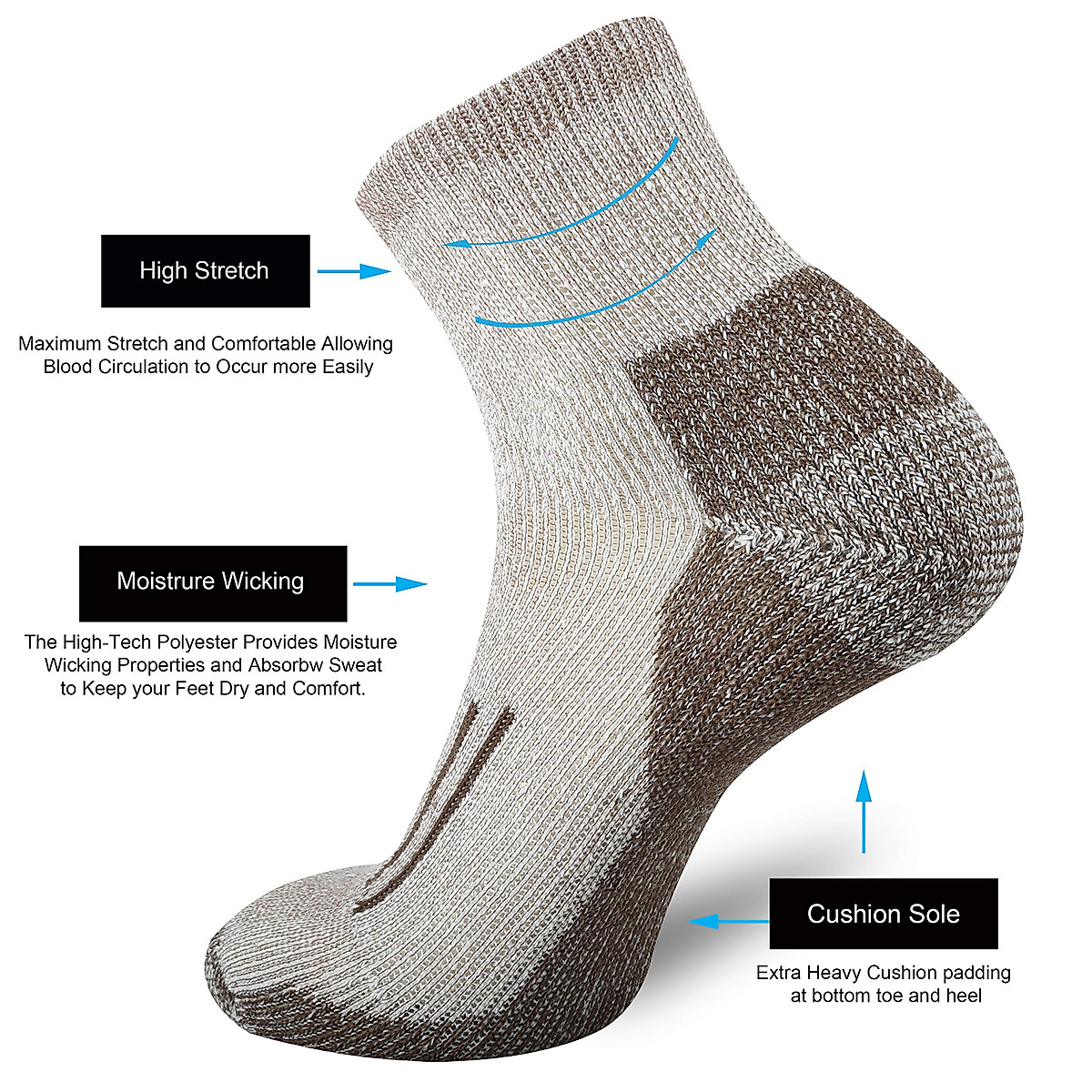 ONKE Merino Wool Low Cut Quarter Socks for Men Outdoor Trail Running Hiking Hiker All Season with Moisture Wicking Control(Brown L)