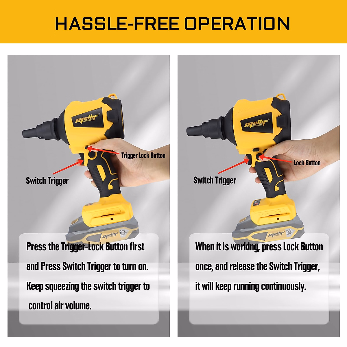 Mellif High Volume Compressed Air Duster - 3 Speeds, 50000RPM Brushless Motor, LED Light, 7 Multi-Use Accessories - Ideal for PC Keyboard, Pool Toy (Battery Not Included) (for Milwaukee)