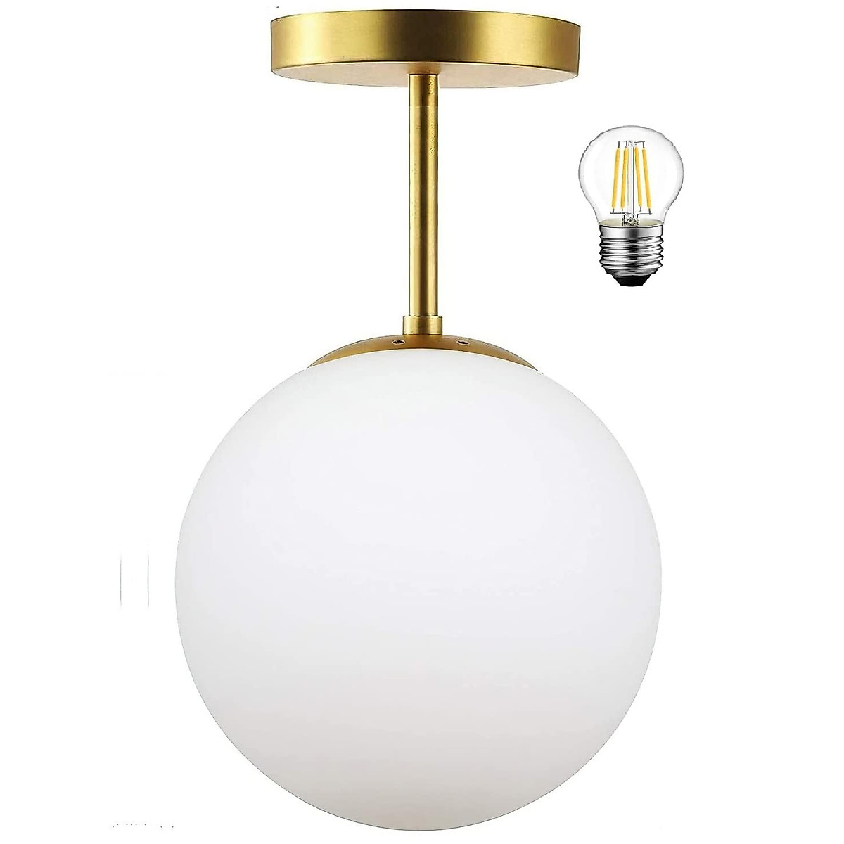 Mid Century Modern Globe Semi Flush Mount Ceiling Light Fixture Frosted Glass with Gold Brass Finish,1-Light Sphere Glass Pendant Lights for Aisle Porch Stairway Closet Kitchen Laundry Room(Bulb Incl)