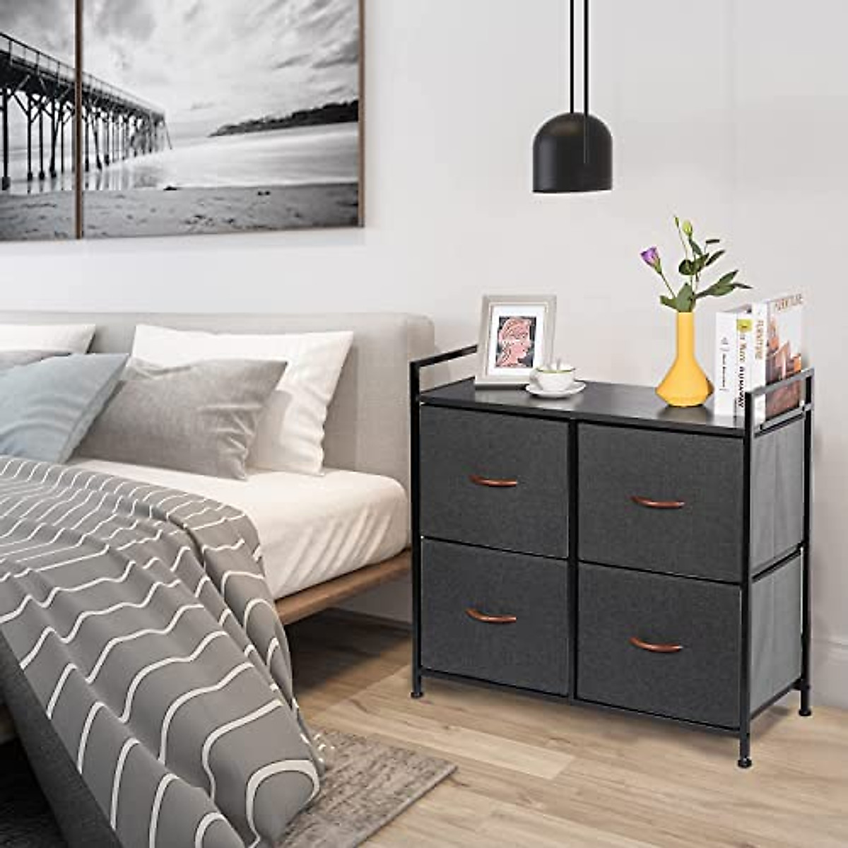 WAYTRIM Dresser for Bedroom with 4 Drawers, Wide Storage Drawer Organizer, Wide Chest of Drawers for Bedroom, Hallway, Entryway, TV Stand with Steel Frame&Wood Tabletop - Dark Indigo