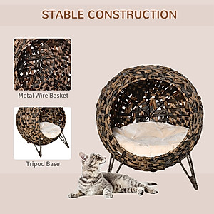 PawHut 20.6" Weaved Cat Bed, Elevated Hand-Woven Braided Banana Leaf Kitten House Condo with Cushion, Brown