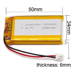 CaoDuRen Rechargeable 3.7V Li Lipo Lithium Polymer Ion Battery Pack with 2 Pin 2.0mm JST Connector (603450 1100mAh)