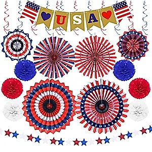 OEAGO 4th of July Decorations Decor Patriotic Memorial Day Decorations Red White Blue Paper Fans Love USA Banner Flower Balls Pom Poms Hanging Swirls Star Streamer Independence Flag Day Party for home