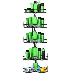 Zaspaver Black Corner Shower Caddy Organizer Shelf Shelves Basket with Hooks, Bathroom Adhesive Shampoo Holder 5 Pack, Drill Free No Rust