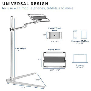 VIVO Aluminum Laptop Floor Stand for 4 to 14 inch Mobile Phones & Tablets, 12 to 17 inch Laptops, Height Adjustable 360 Degree Rotating Arm with Ventilated Tray, Silver STAND-LAP1F