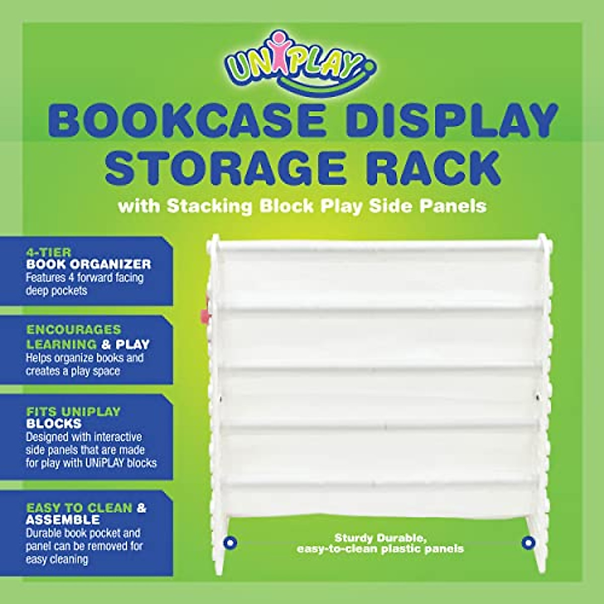 UNiPLAY Kids 4-Tier Book Storage Organizer with Sling Book Pockets, Plastic Sling Rack Bookshelf for Playroom, Fits Blocks, White