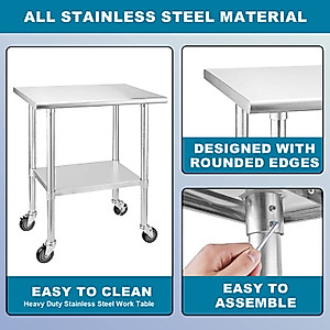 YBLFDY 24x30 Stainless Steel Table with Wheels and Adjustable Feet for Home Kitchen NSF Stainless Steel Prep Table,Metal Table with Undershelf for Garden
