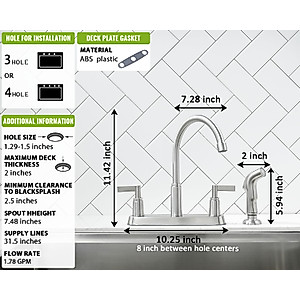 Kitchen Faucet with Sprayer, Brushed Nickel Stainless Steel Kitchen Sink Faucet with Side Sprayer, 3 Hole or 4 Hole Faucet for Kitchen Sink, Commercial RV Laundry Utility Kitchen Faucet KMF023L-1