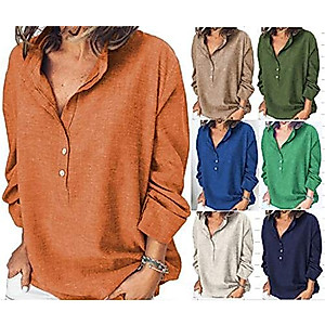 Andongnywell Women's Solid Color Long Sleeve Casual V Neck Tops Shirt Button Blouse Long Sleeve Shirt (Light Blue,Large,Large)