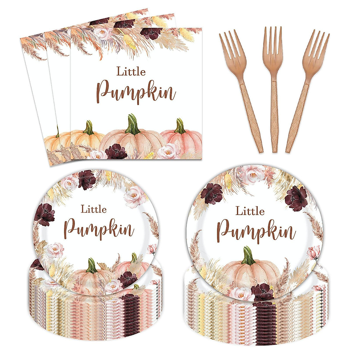 96 Pcs Fall Boho Pumpkin Party Plates and Napkins Set Baby Shower Happy Birthday Party Supplies Decorations for Kid Fall Leaves Pampas Grass Party Disposable Dinnerware Tableware Kit, Serves 24