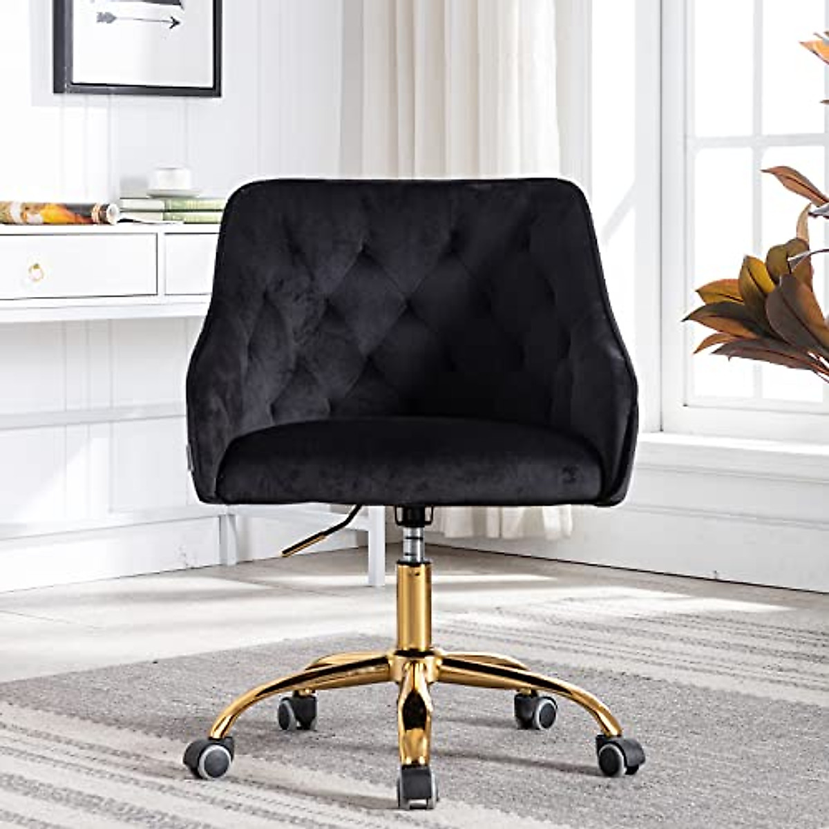 Recaceik Modern Velvet Home Office Chair, Adjustable Leisure Swivel Desk Chairs with High Back 360 Degree Castor Gold Wheels for Living Room/Bedroom/Office
