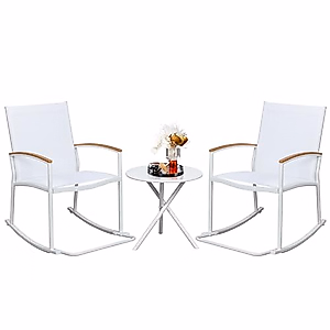 Shintenchi 3 Piece Outdoor Rocking Bistro Set, Textilene Fabric Small Outdoor Furniture, Front Porch Rocker Chairs Conversation Set with Table for Lawn, Garden, Balcony, Poolside (White)