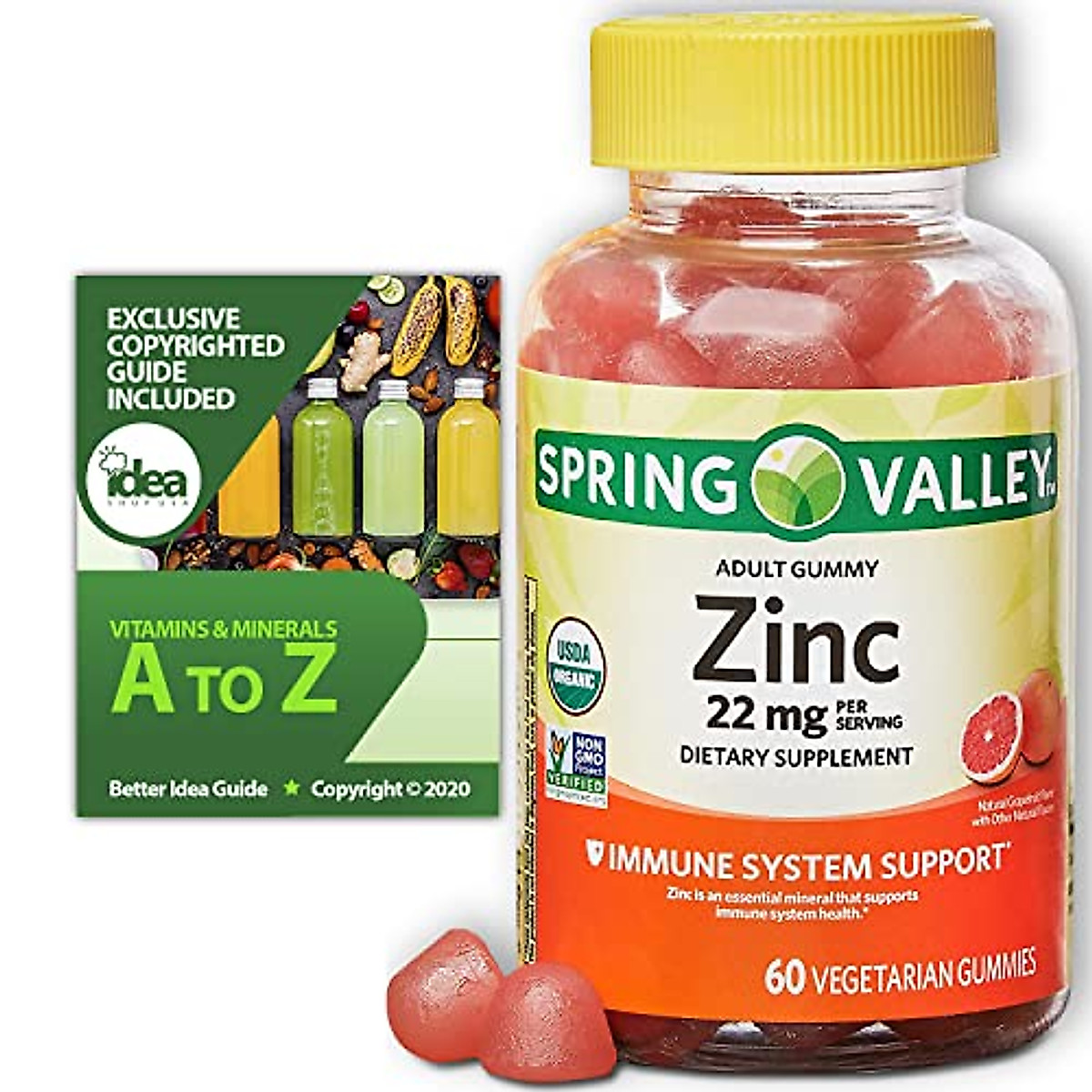 Zinc Adult Organic Vegetarian Gummy, Optimal Immune System Support, 22mg, 60ct Bundle With Exclusive "Vitamins & Minerals A To Z" - Better Idea Guide (2 Items)
