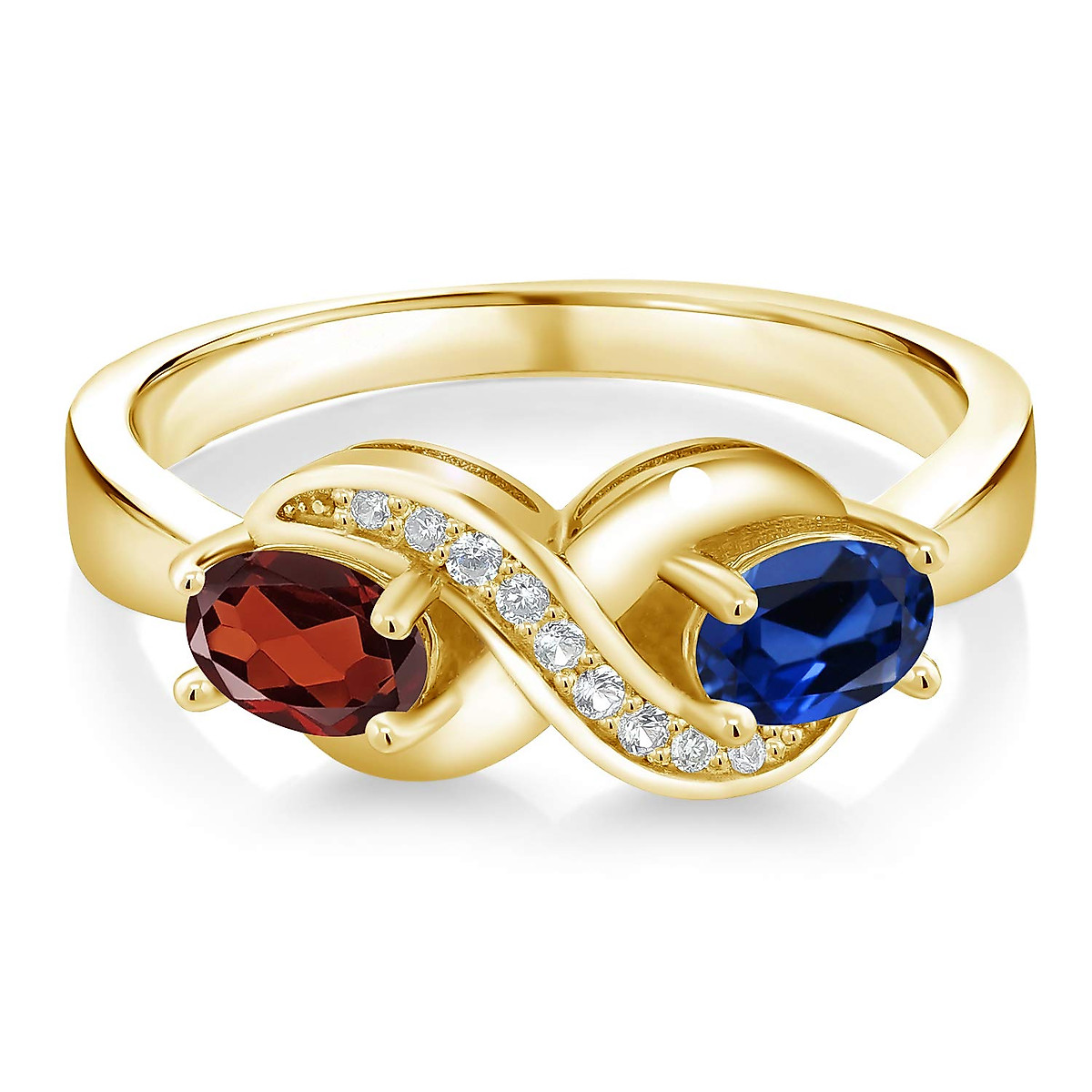 Gem Stone King 18K Yellow Gold Plated Silver Personalized Customized Engrave 2-Stone Gemstone Birthstone and White Created Sapphire Infinity Forever Love Knot Ring For Women (Size 7)
