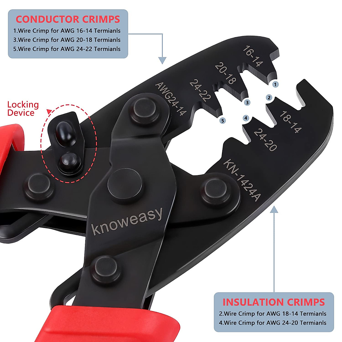 Knoweasy JST Crimper and Molex Crimper Compatible with Deutsch DT Series Stamped or Formed Contact,Molex, Delphi, Amp, Tyco, Harley, PC, Automotive - AWG 24-14 Wire Crimper