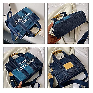 Rysmoclr The Tote Bag for Women Denim Tote Bag with Zipper Women's Traveler Tote Patchwork Design Tote Bag (Black Denim)