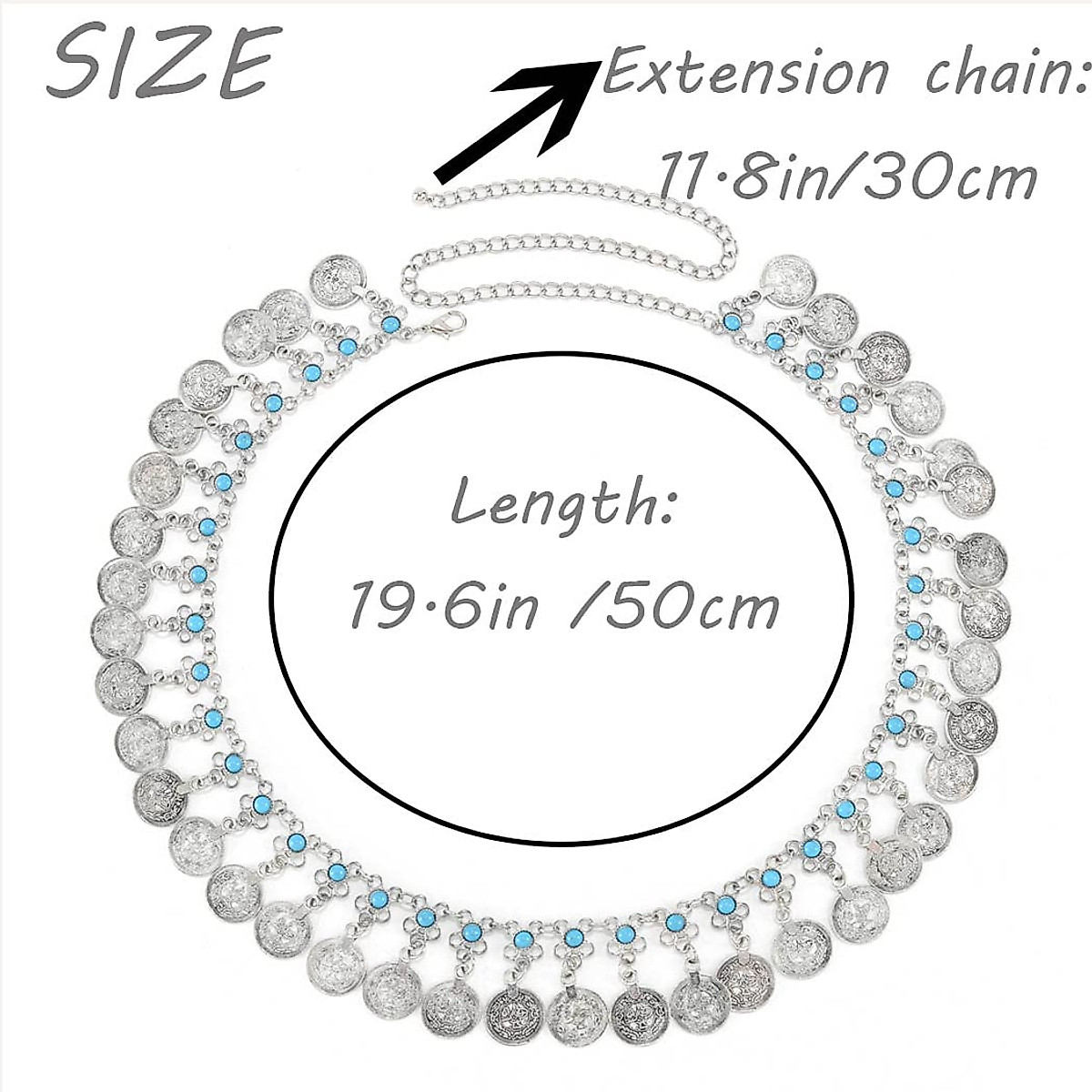 Urieo Boho Coin Waist Chain Belt Pendant Silver Belly Chains Adjustable Bikini Party Dress Chain Belts Body Jewelry for Women