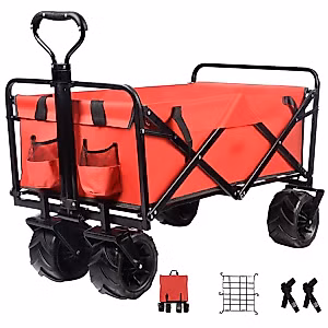 Collapsible Heavy Duty Beach Wagon Cart Outdoor Folding Utility Camping Garden Beach Cart with Universal Wheels Adjustable Handle Shopping (Red)