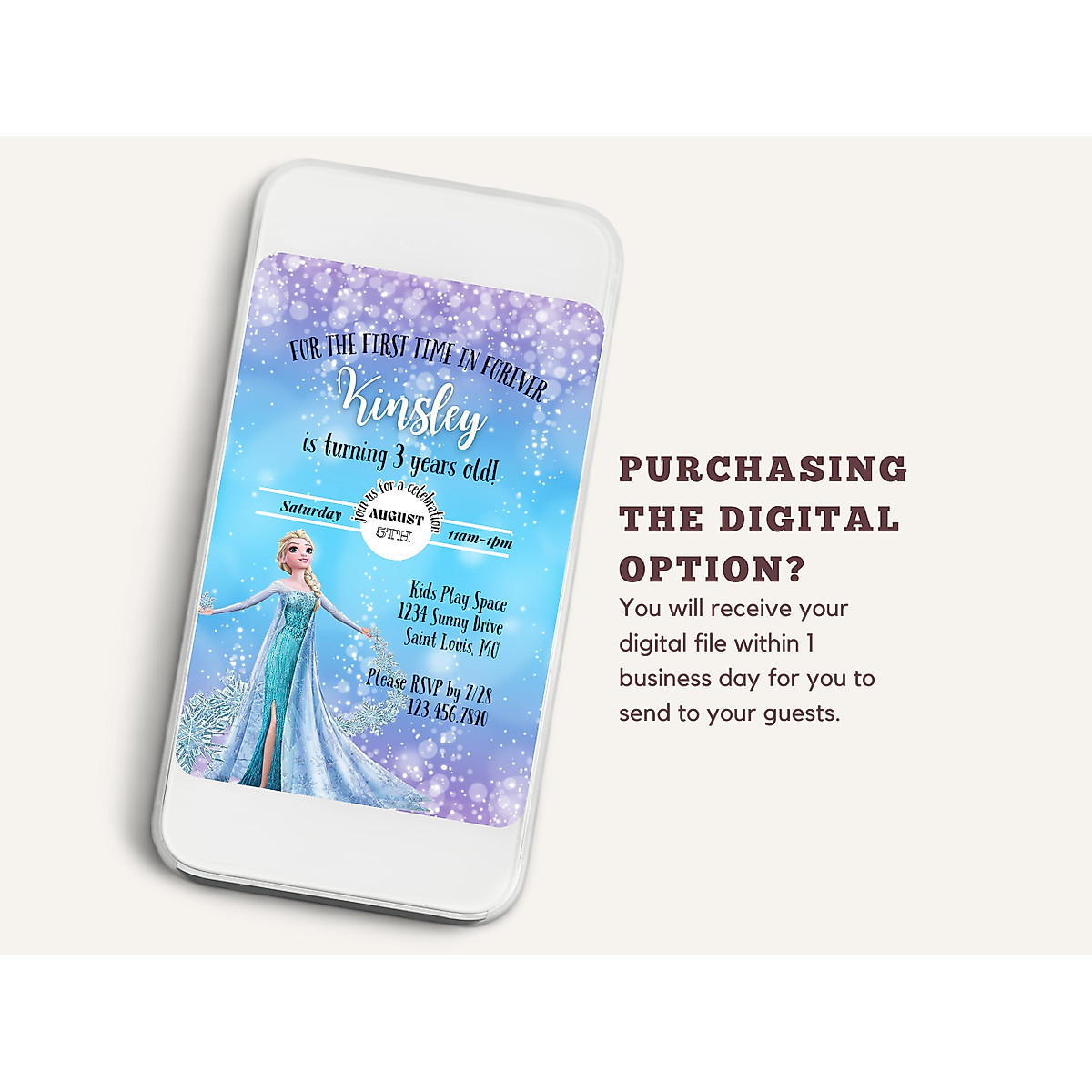 Frozen Inspired Birthday Party Invitation, Personalized, 5 inches by 7 inches, Envelopes Included with Printed Option, Printed or Digital DIY Party Supplies Invitation Cards