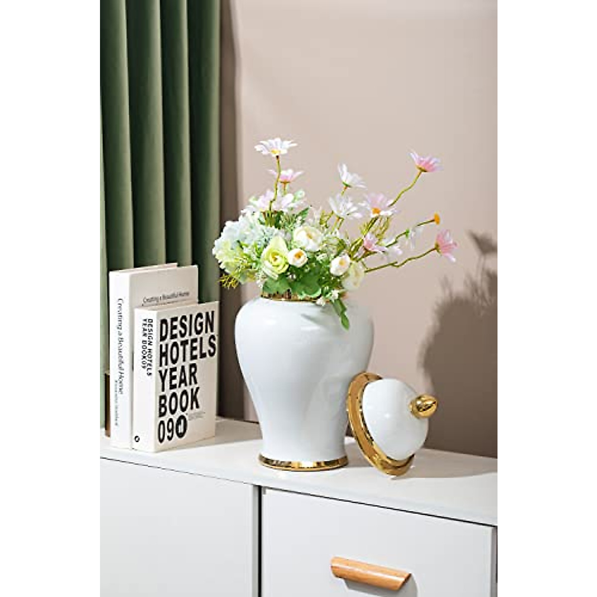 GaLouRo White Ginger Jar with Gold Trim, Ginger Jar Vase Decor for Centerpiece Table Decorations,Living Room Decor, Shelf Decor,15inches