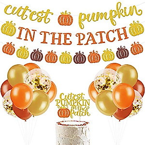 Pumpkin Party Decorations Cutest Pumpkin in the Patch Banner Little Pumpkin Baby Shower Decorations Cake Topper Fall Party Balloons for Fall Birthday Party Decorations Thanksgiving Party Supplies