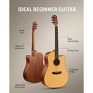 Donner 41” Acoustic Guitar Bundle for Beginners Adults with Online Lesson, 4/4 Full Size Steel Acustica Guitarra with Gig Bag, Tuner, Strap, Strings, Picks, Capos, Cutaway, Natural, DAG-1C/DAD-110C