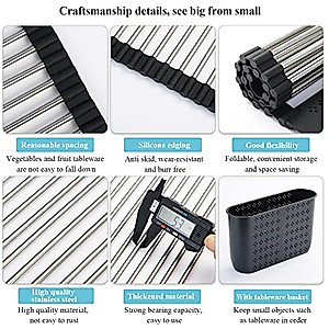 Berglander Dish Drying Rack Over The Sink, L17.5 by W 15" Rollable Stainless Steel Dish Rack with Removable Storage Basket, Perfect for Kitchen Sink