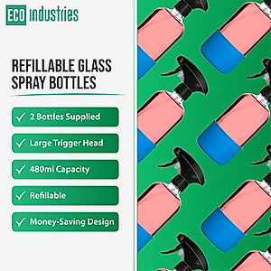 Eco Industries Glass Cleaning Spray Bottle x5 16oz | Refillable Spray Bottle With Premium Trigger Head & Silicone Sleeve Protection | Cleaning Spray Bottle For Essential Oils, Plants, Cleaning